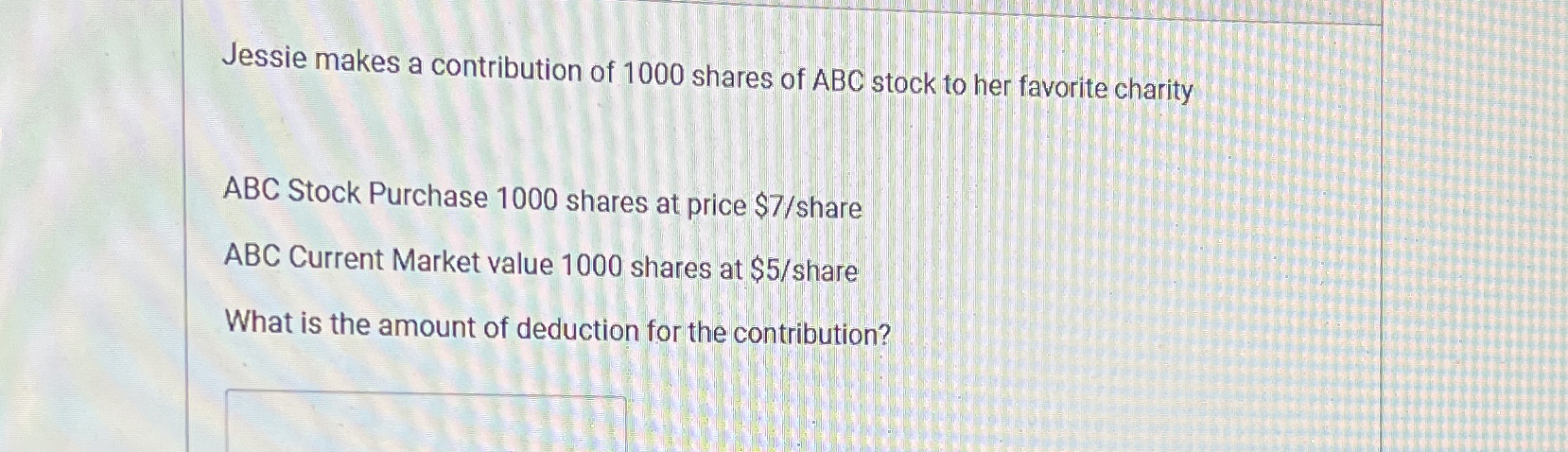 Solved Jessie makes a contribution of 1000 ﻿shares of ABC | Chegg.com