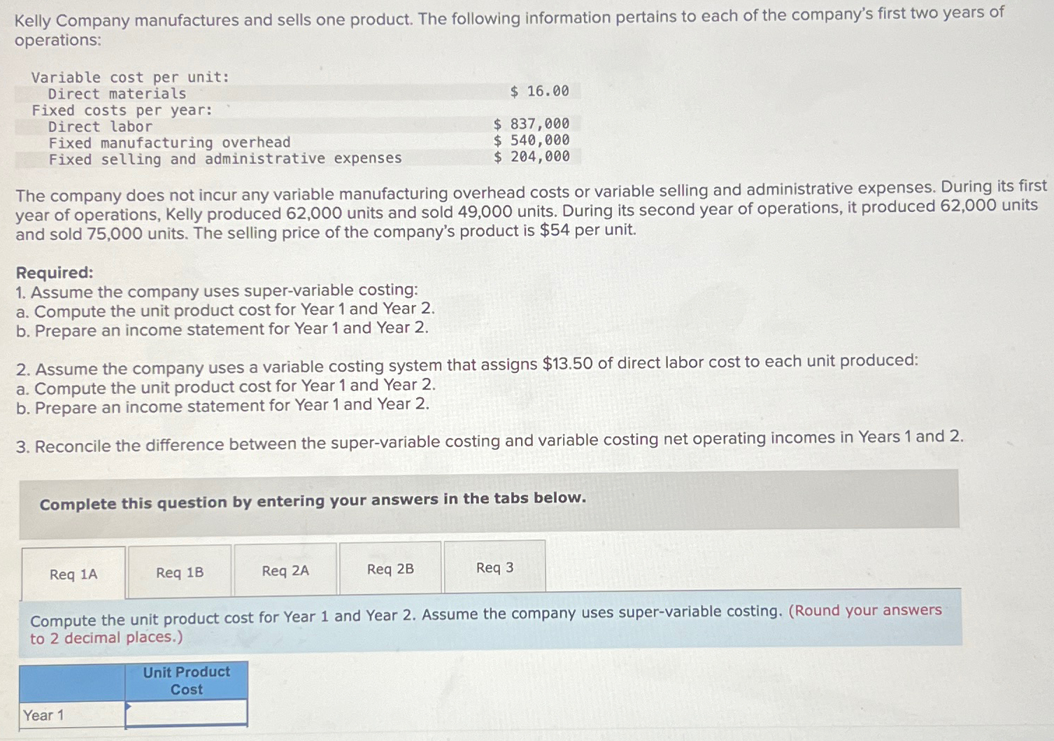 Solved Kelly Company manufactures and sells one product. The | Chegg.com