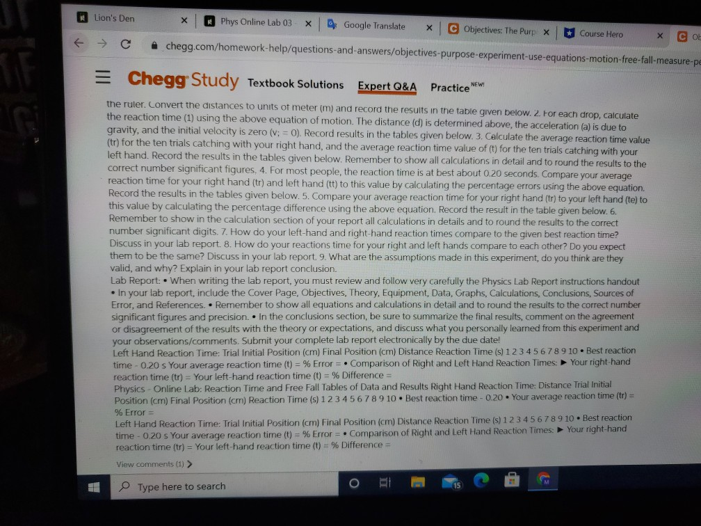 Lion's Den Phys Online Lab 03 X Google Translate X C | Chegg.com