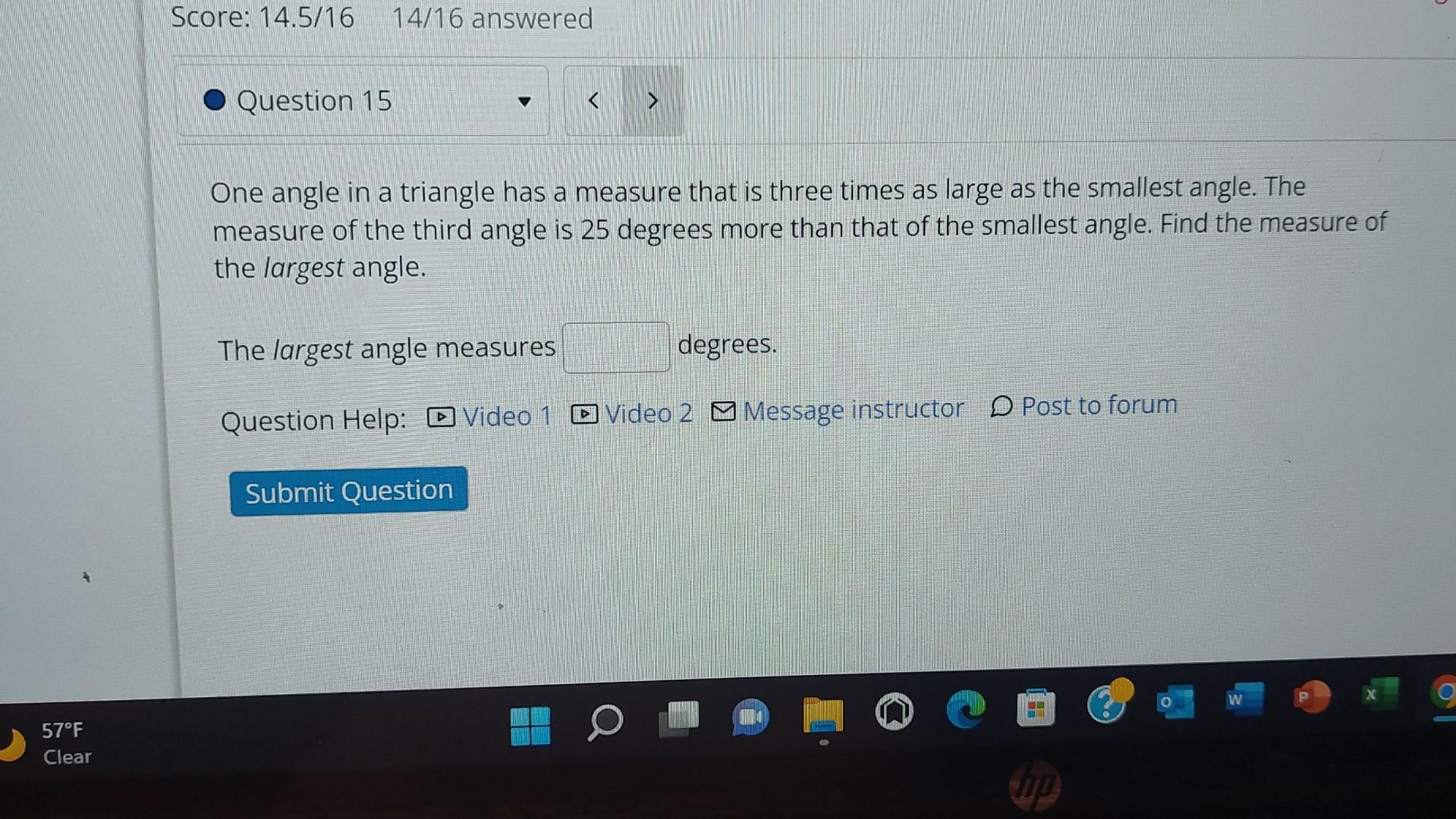 Solved One angle in a triangle has a measure that is three | Chegg.com