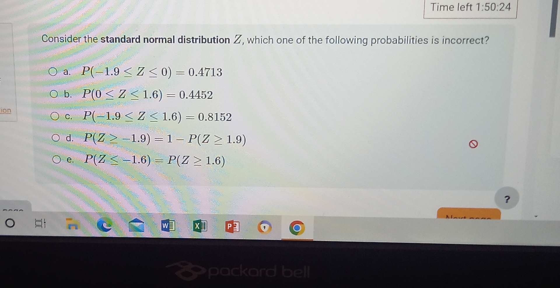 Solved Time left 1:50:24Consider the standard normal | Chegg.com