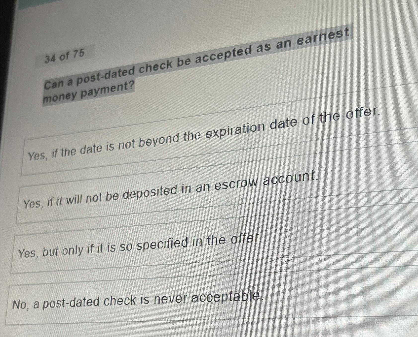 Solved 34 ﻿of 75Can a post-dated check be accepted as an | Chegg.com