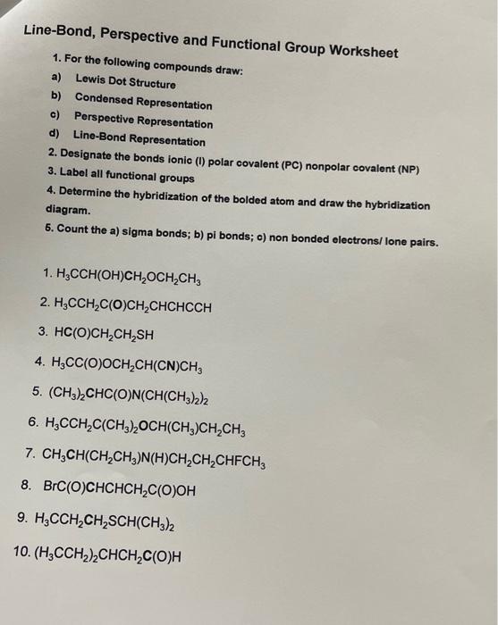 Solved Line-Bond, Perspective and Functional Group Worksheet | Chegg.com