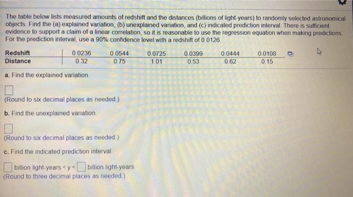 Solved The table below lists measured amounts of redshift | Chegg.com