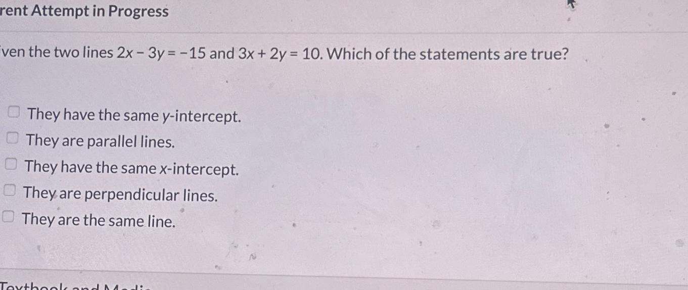 rent Attempt in Progressven the two lines 2x-3y=-15 | Chegg.com