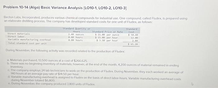 Solved Problem 10-14 (Algo) Basic Variance Analysis [LO10-1, | Chegg.com Solved Problem 10-14 (Algo) Basic Variance Analysis [LO10-1, | Chegg.com