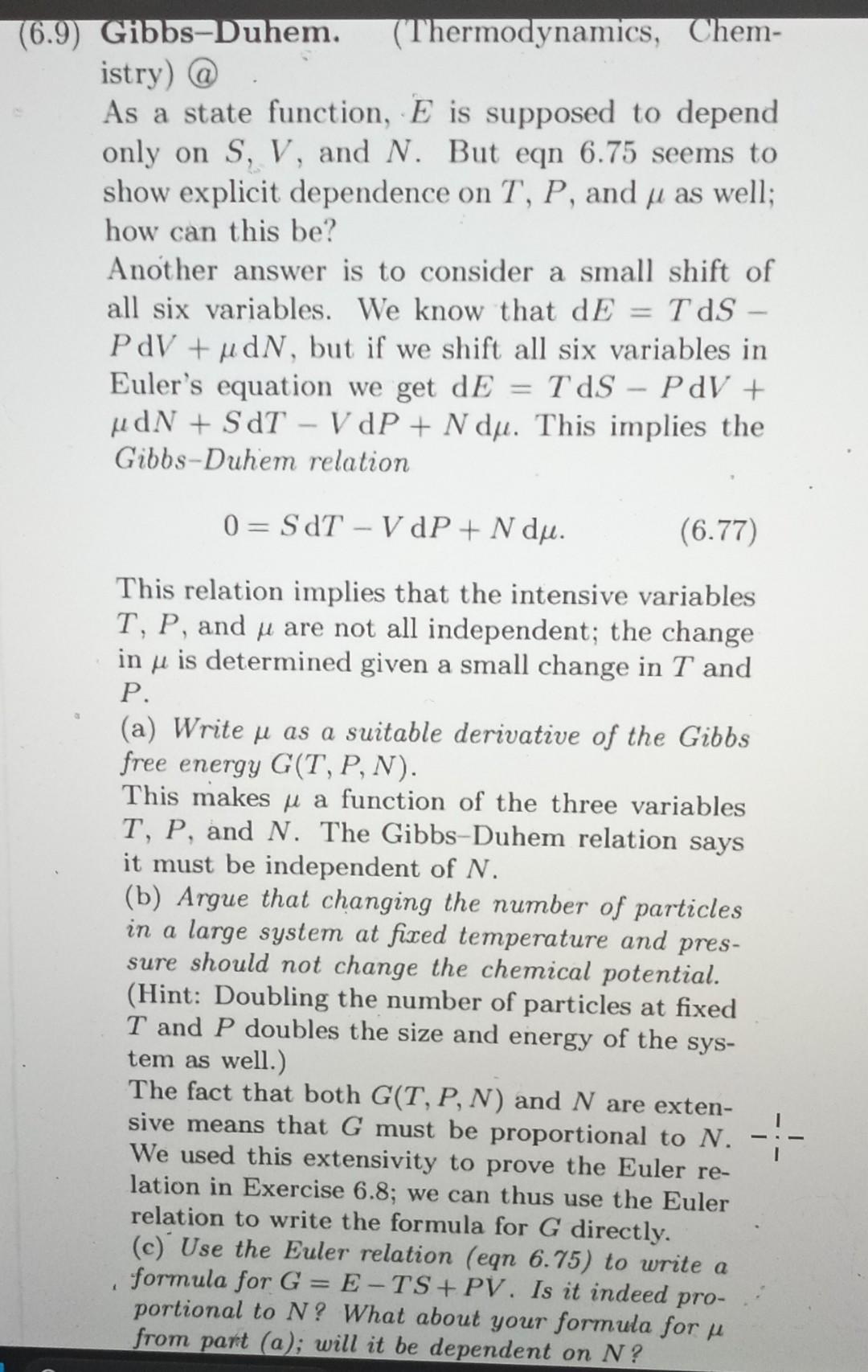 Solved 6.9) Gibbs-Duhem. (Thermodynamics, Chemistry)@ As a | Chegg.com
