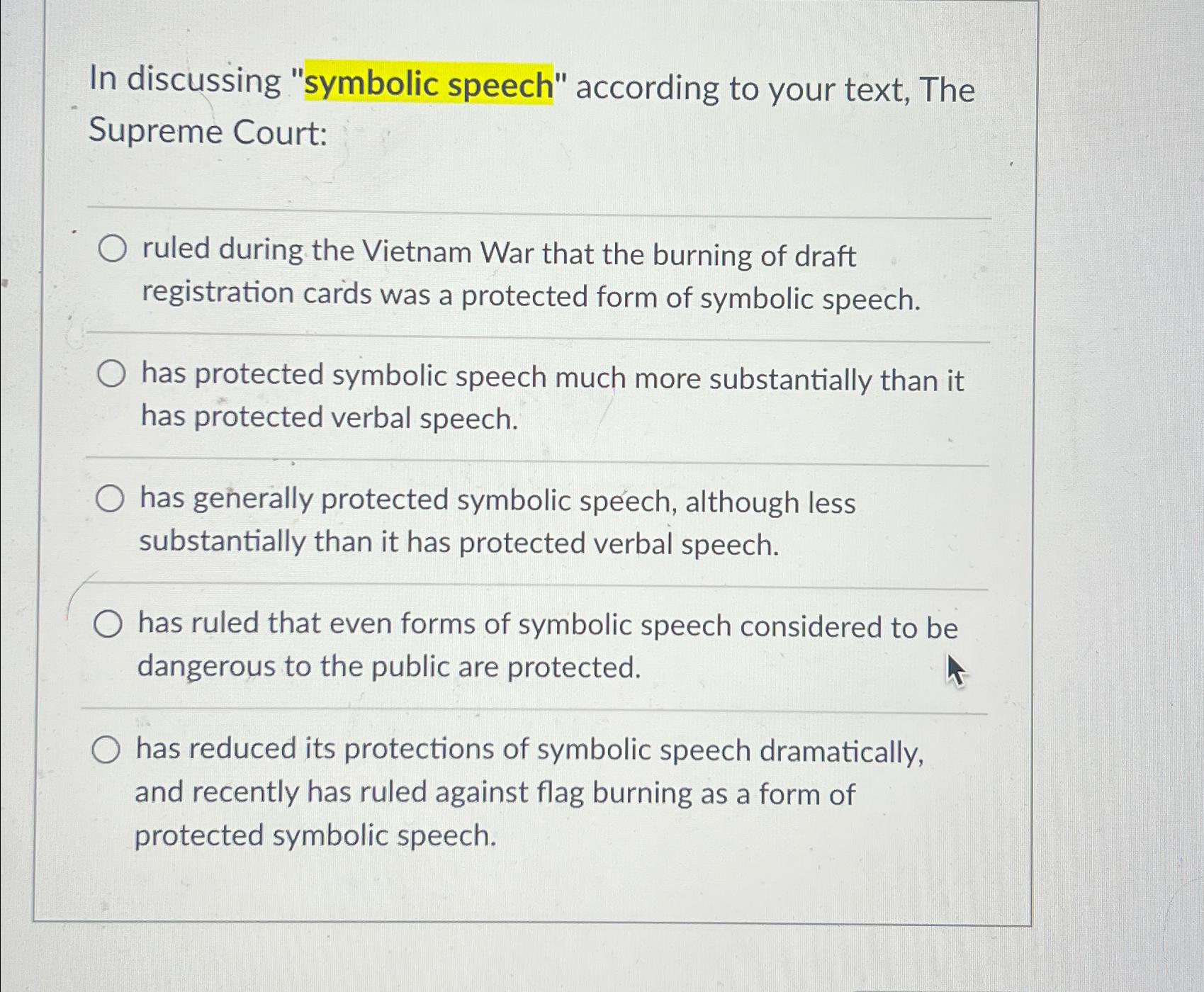Solved In discussing "symbolic speech" according to your | Chegg.com