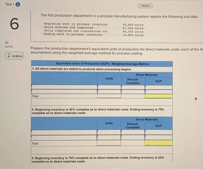 Solved Test 1 Saved The first production department in a | Chegg.com