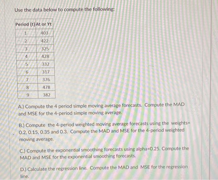 Use the data below to compute the following: A.) | Chegg.com