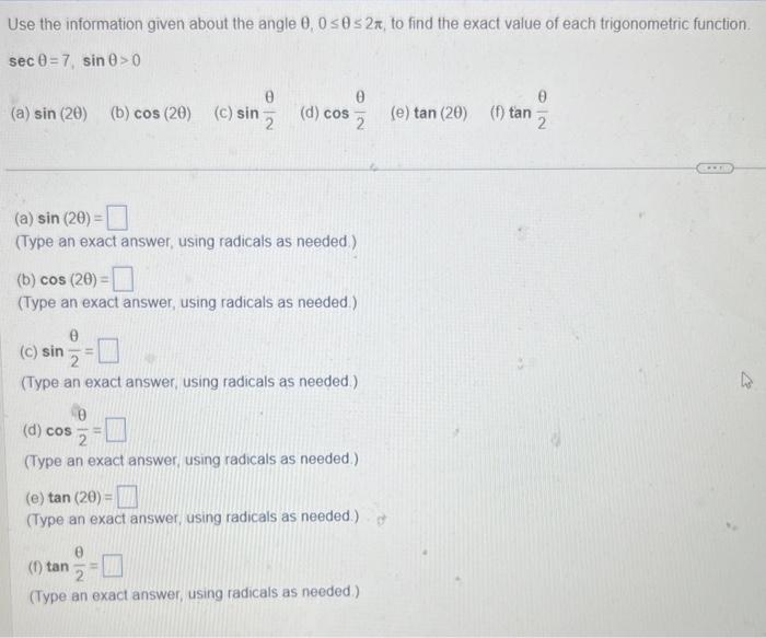 Solved Use the information given about the angle θ,0≤θ≤2π, | Chegg.com