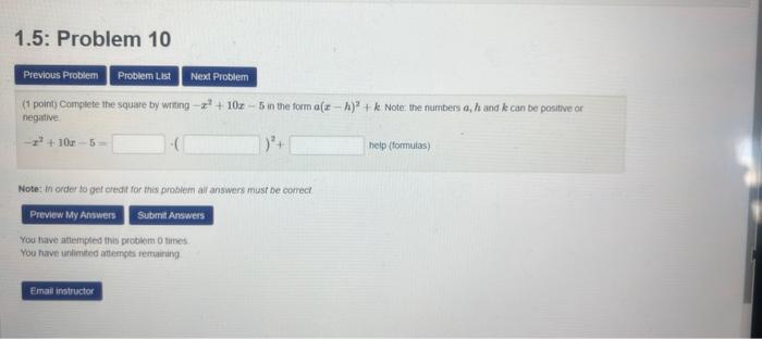 Solved (1 poini) Complete the square by wring −x2+10x−5 in | Chegg.com