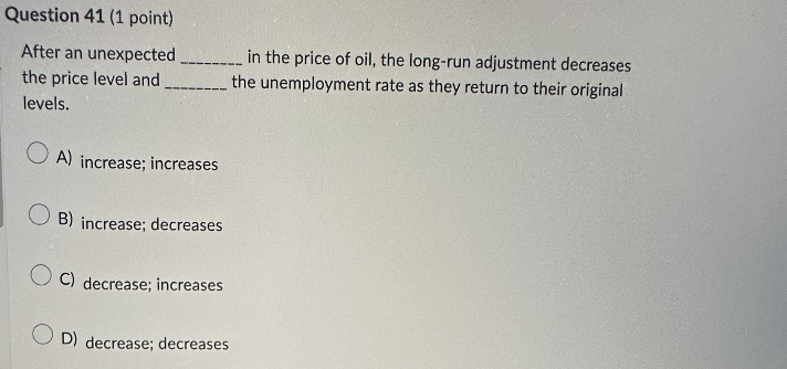 Solved Question 41 (1 ﻿point)After an unexpectedthe price | Chegg.com