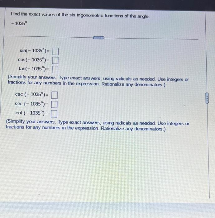 Solved Find the exact values of the six trigonometric | Chegg.com