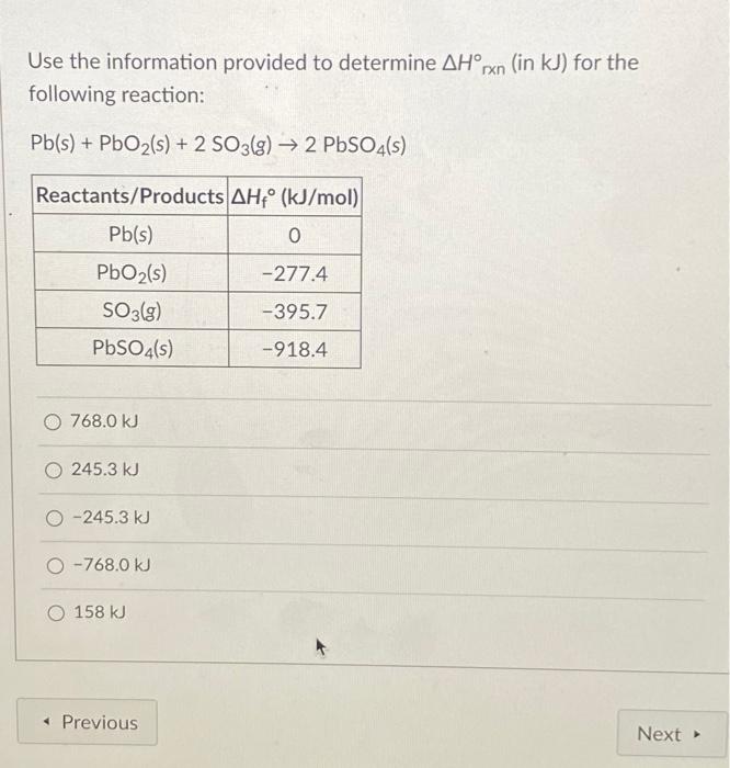 Solved Use the information provided to determine AH°rxn (in | Chegg.com