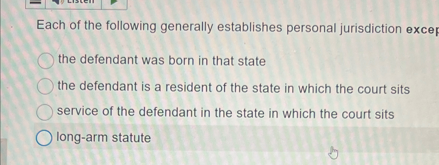 Solved Each of the following generally establishes personal | Chegg.com