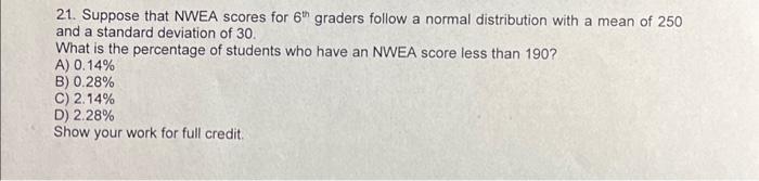 Solved 21. Suppose that NWEA scores for 6th graders follow | Chegg.com