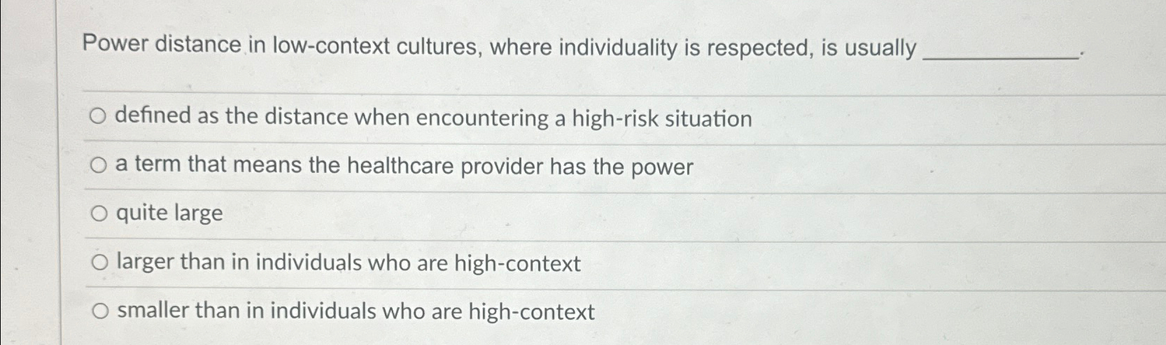 Power distance in low-context cultures, where | Chegg.com