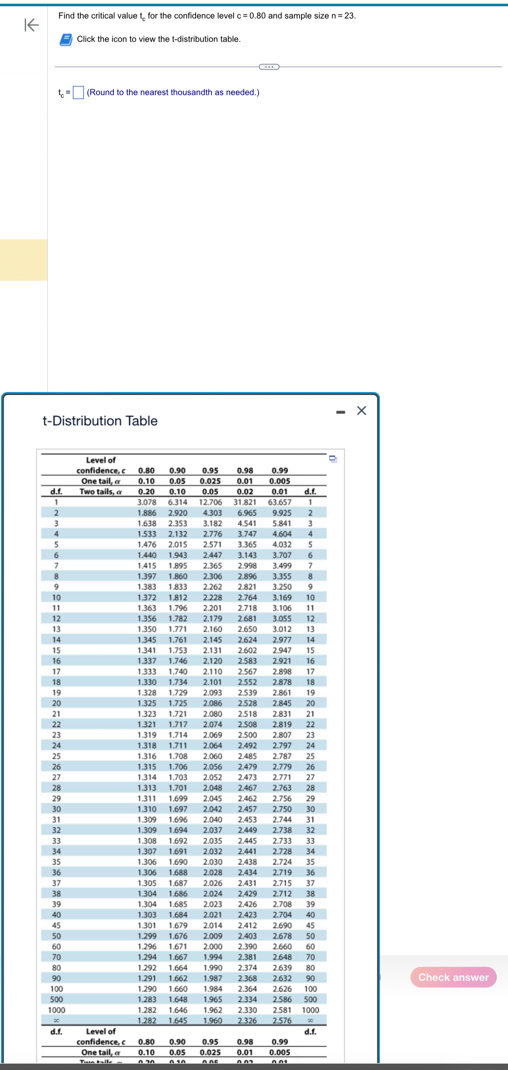 Solved Find the critical value tc ﻿for the confidence level | Chegg.com