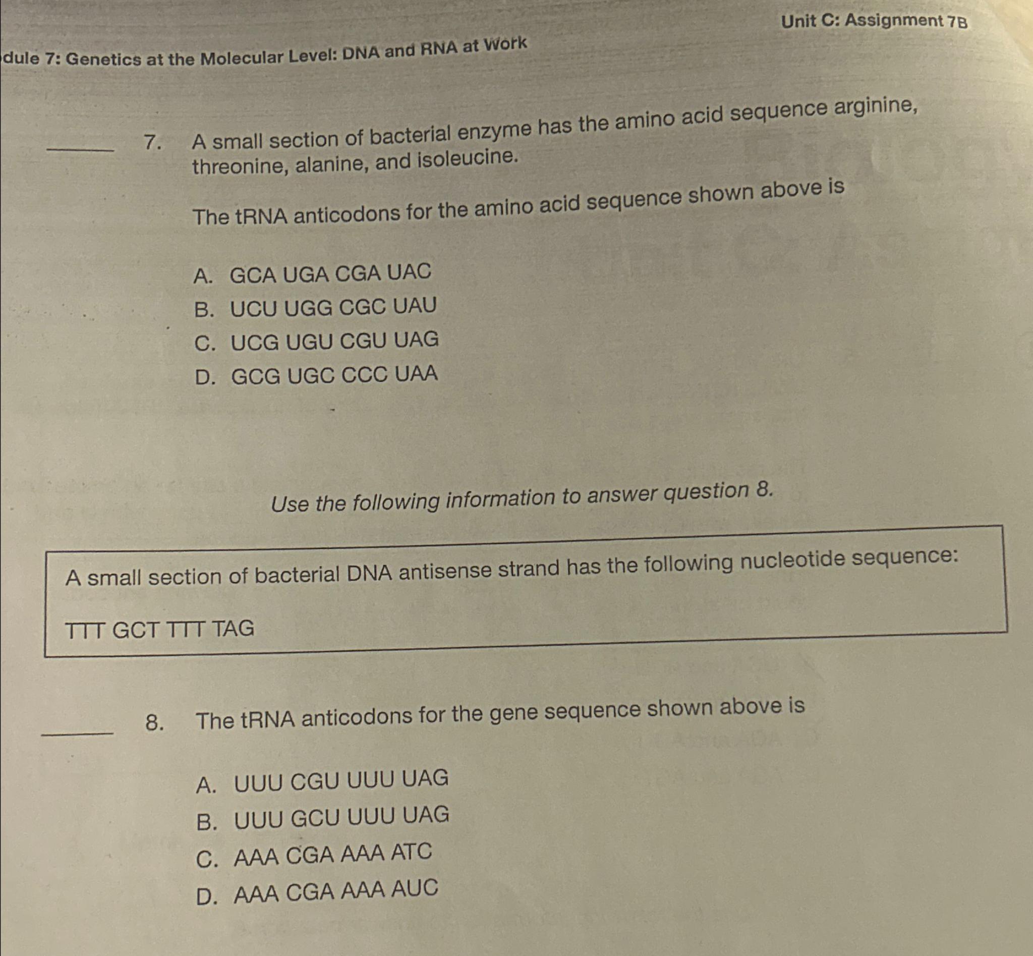 Solved dule 7: Genetics at the Molecular Level: DNA and RNA | Chegg.com