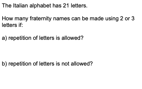 Solved The Italian alphabet has 21 ﻿letters. How many | Chegg.com