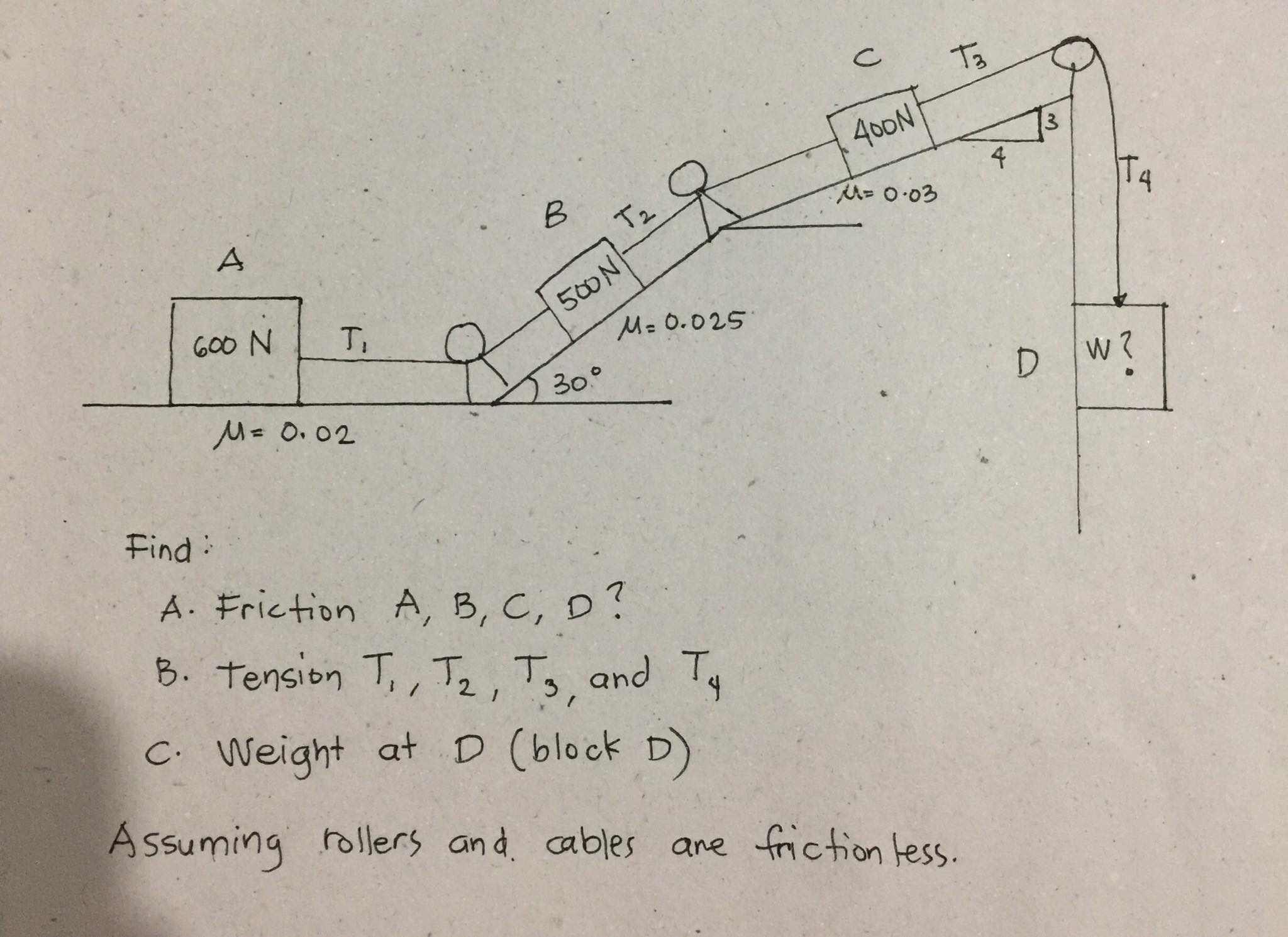 Solved Find:A. ﻿Friction A,B,C,D ?B. ﻿Tension T1,T2,T3, ﻿and | Chegg.com