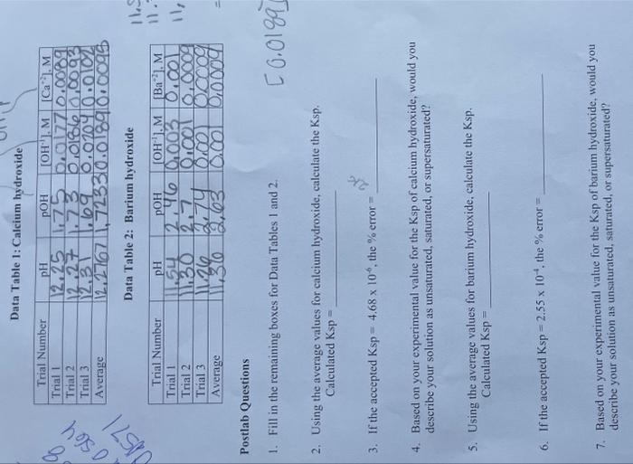 Data Table 1: Calcium hydroxide Data Table 2: Barium | Chegg.com