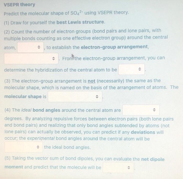Solved VSEPR theory Predict the molecular shape of SO42- | Chegg.com