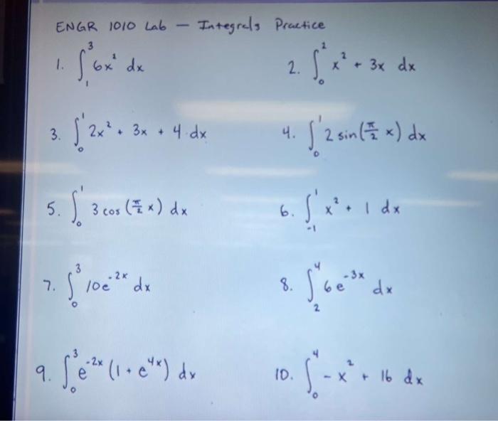 Solved ENGR 1010 Lab - Integrals Practice 1. ∫136x2dx 2. | Chegg.com