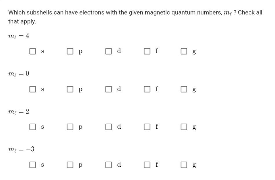 Solved Which subshells can have electrons with the given | Chegg.com