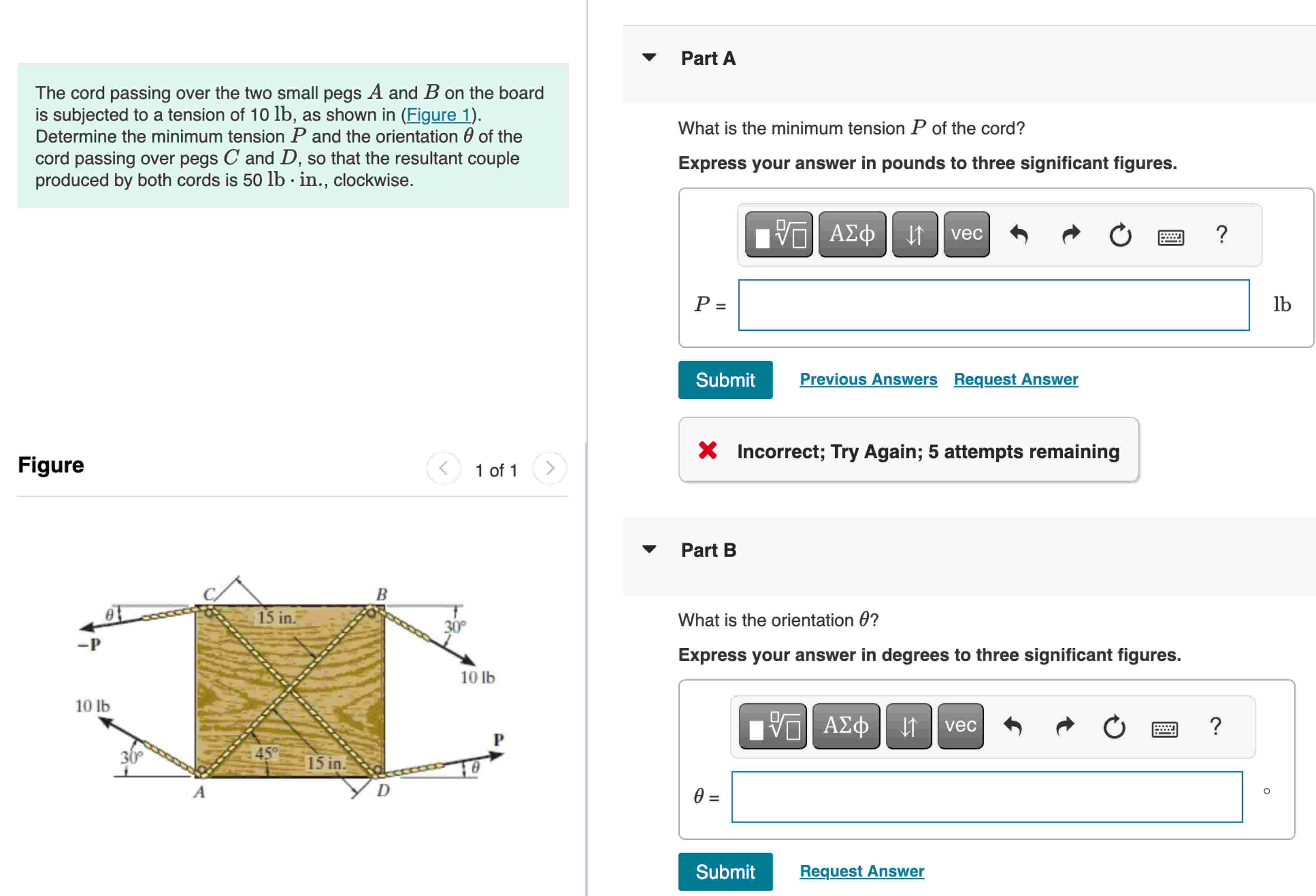 Solved The cord passing over the two small pegs \( ﻿A \) | Chegg.com