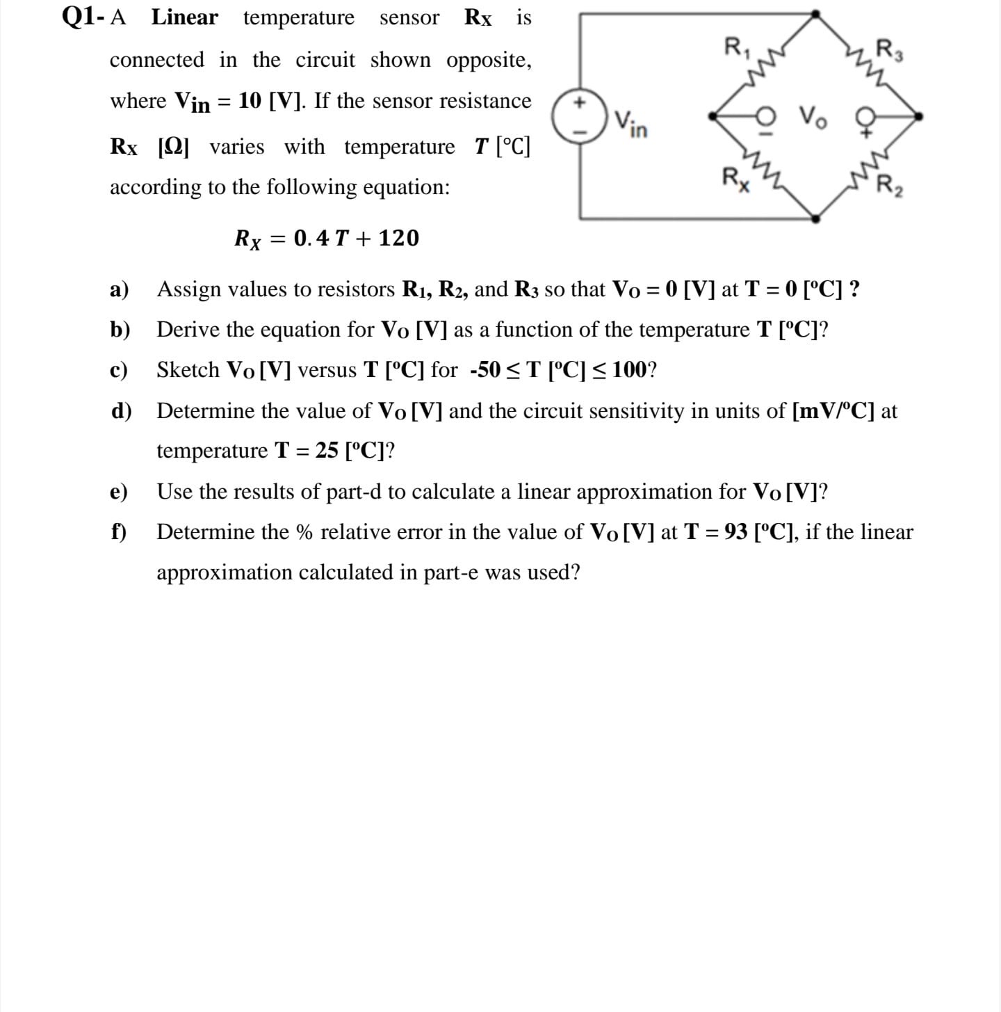 Solved Q1- ﻿A Linear temperature sensor Rx ﻿is connected in | Chegg.com