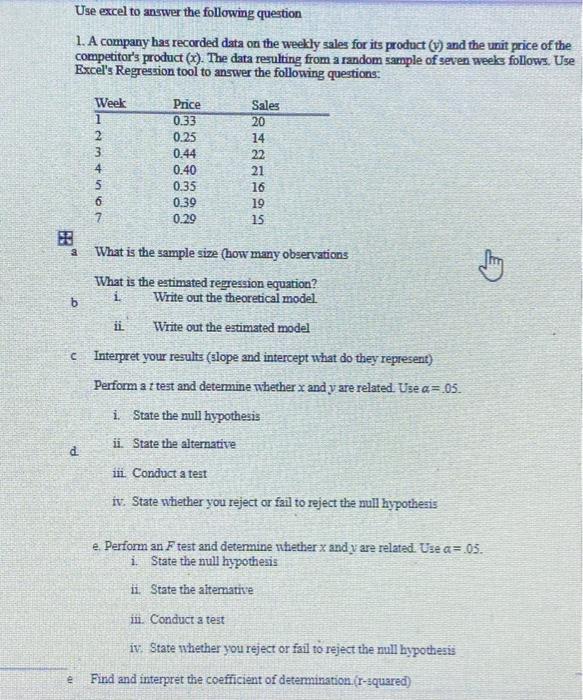 Solved Use excel to answer the following question 1. A | Chegg.com