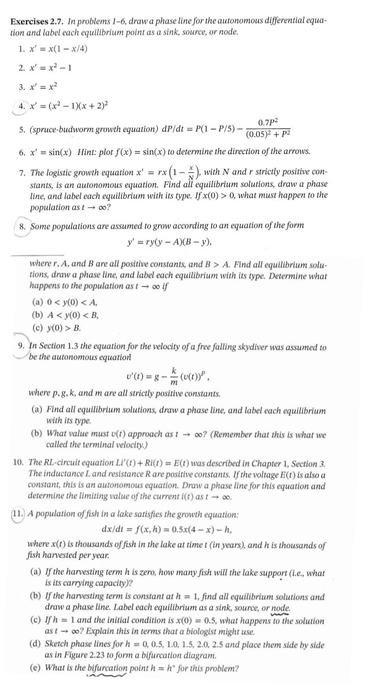 Solved Exercises 2.7. ﻿In problems 1-6, ﻿draw a phase line | Chegg.com