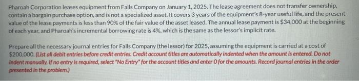 Solved Pharoah Corporation leases equipment from Falls | Chegg.com