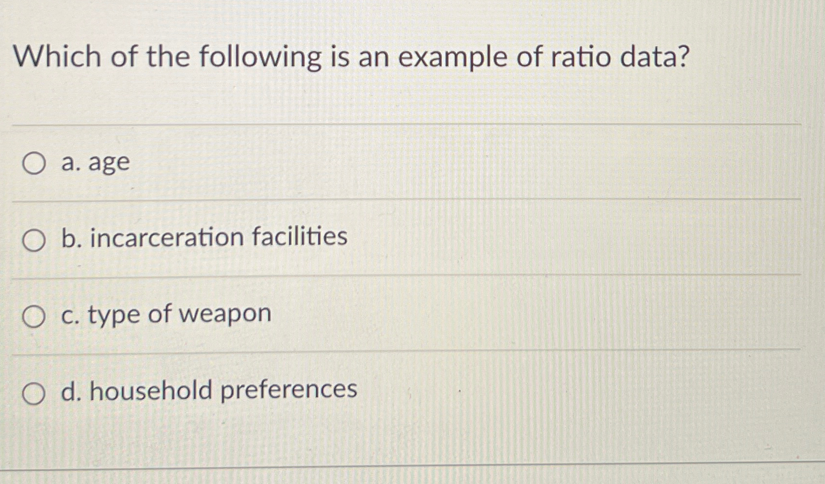 Solved Which of the following is an example of ratio data?a. | Chegg.com