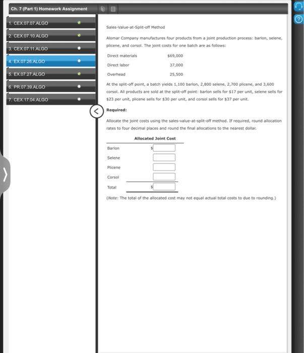Solved Sales Value At Split Off Method Alomar Company 4301