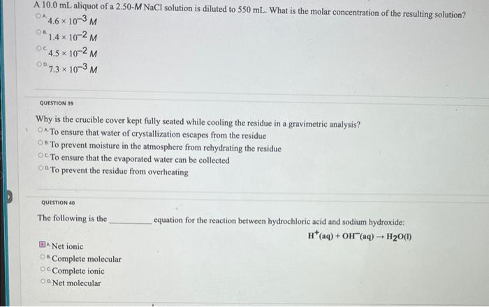 Solved A 10.0 mL aliquot of a 2.50−MNaCl solution is diluted | Chegg.com