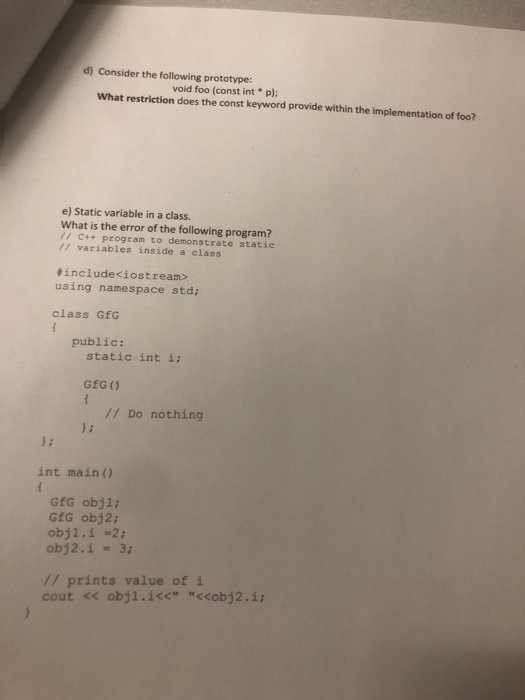 Solved d) Consider the following prototype: void foo (const | Chegg.com