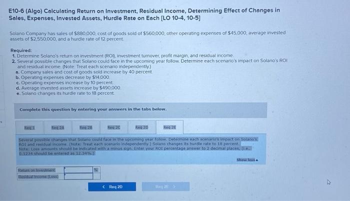 Solved E10-6 (Algo) Calculating Return on Investment, | Chegg.com