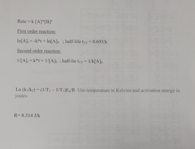 Solved Rate = k [A]"[B]" First order reaction: In[A] = -k*t | Chegg.com