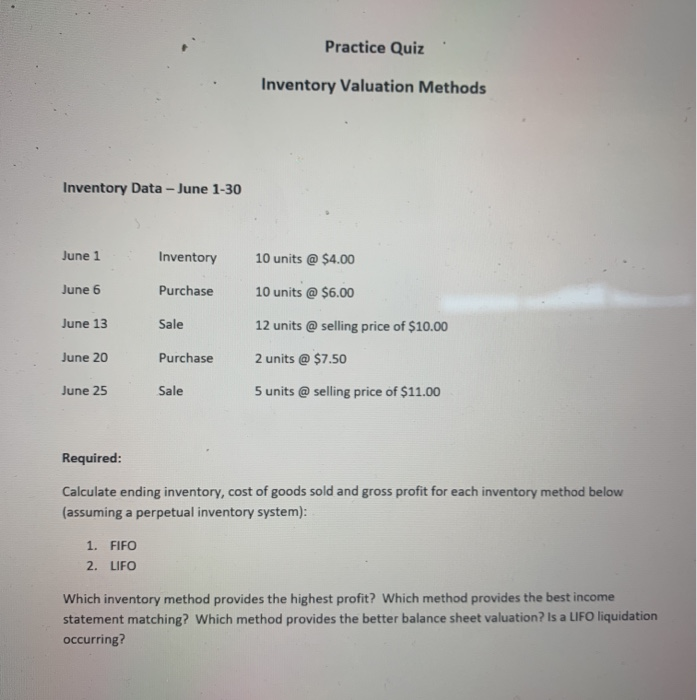 Solved Practice Quiz Inventory Valuation Methods Inventory | Chegg.com