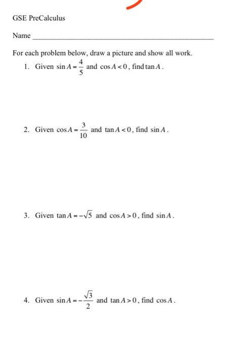 Solved Gse Precalculus Name For Each Problem Below Draw A