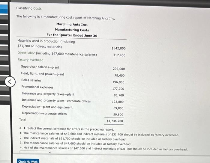 Solved Classifying Costs The following is a manufacturing | Chegg.com
