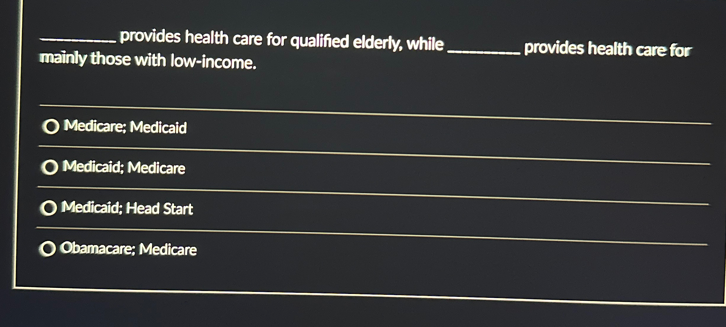 Solved q, ﻿provides health care for qualified elderly, while | Chegg.com