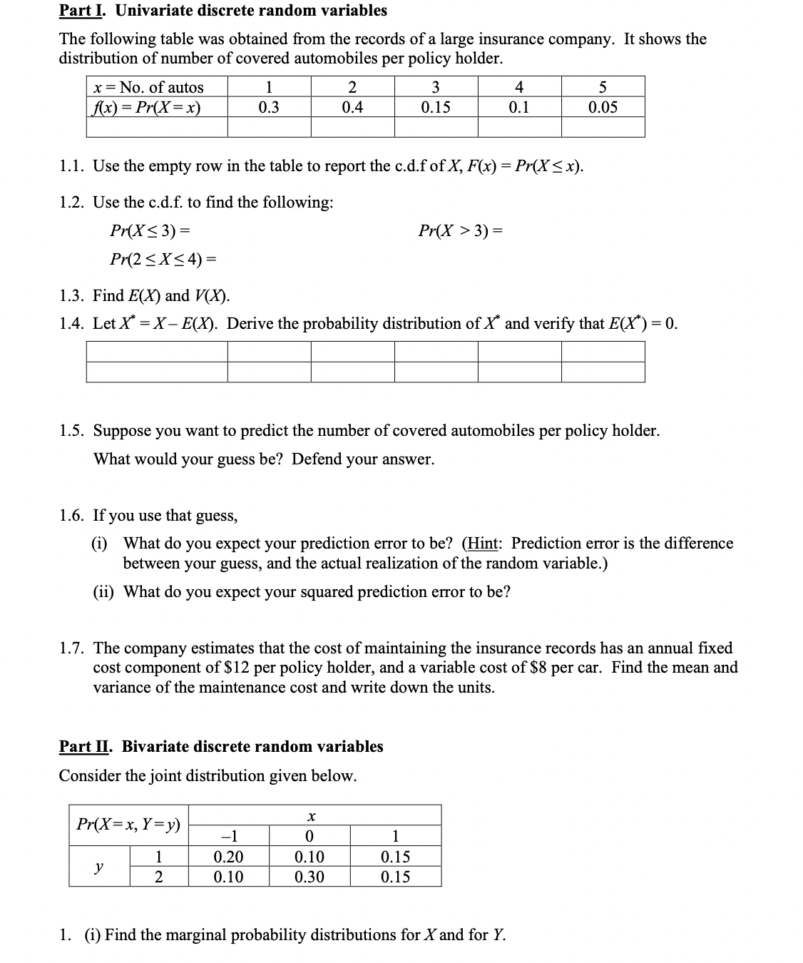 Solved Part I. Univariate discrete random variablesThe | Chegg.com