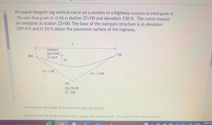 Solved An equal-tangent sag vertical curve on a section of a | Chegg.com