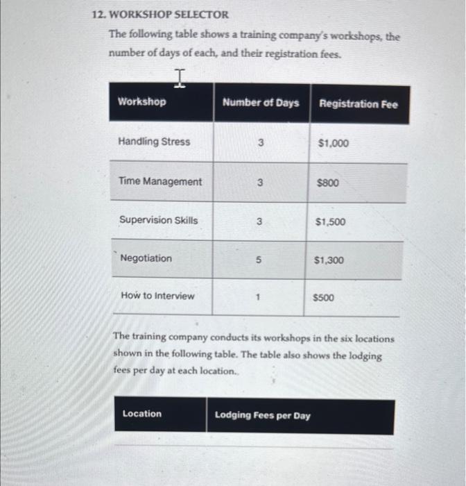 Solved 12. WORKSHOP SELECTOR The following table shows a | Chegg.com