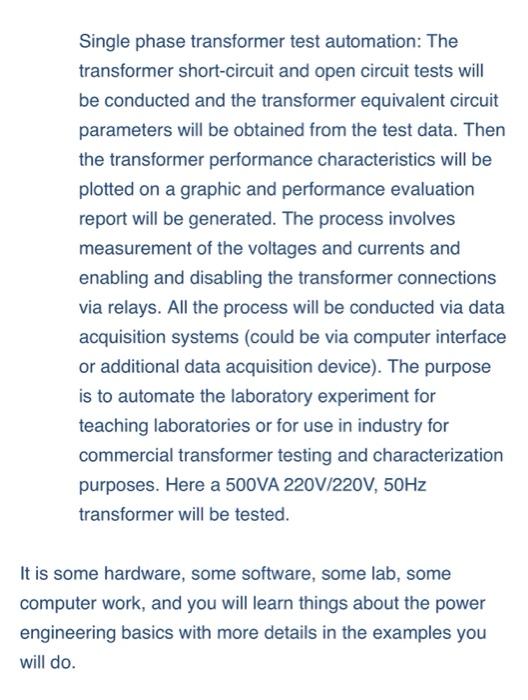 Solved Single phase transformer test automation: The | Chegg.com