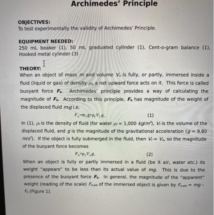 Solved Archimedes' Principle OBJECTIVES: To test | Chegg.com